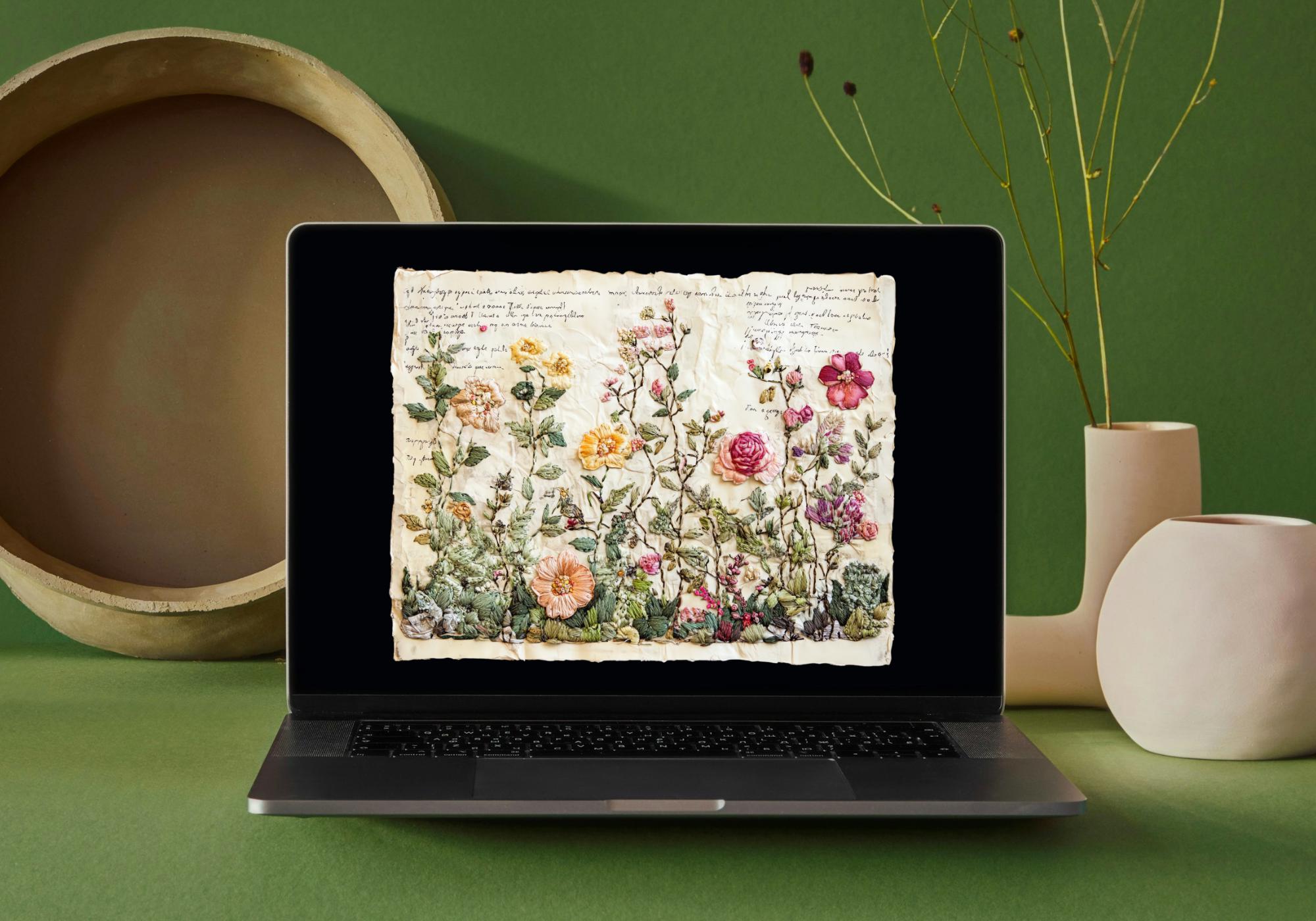 Sewn Rose Garden Postcards, Folk Art Embroidery Ribbon Digital Download ...