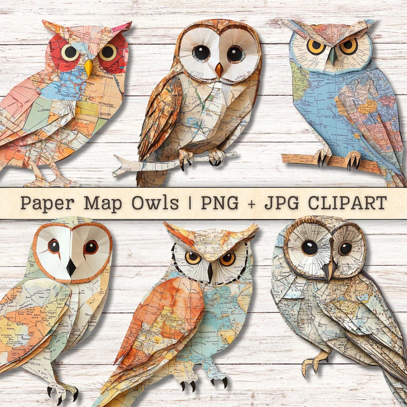 Paper Map Owls Clipart, Mixed Media Birds Antique PNG + JPG Instant ...