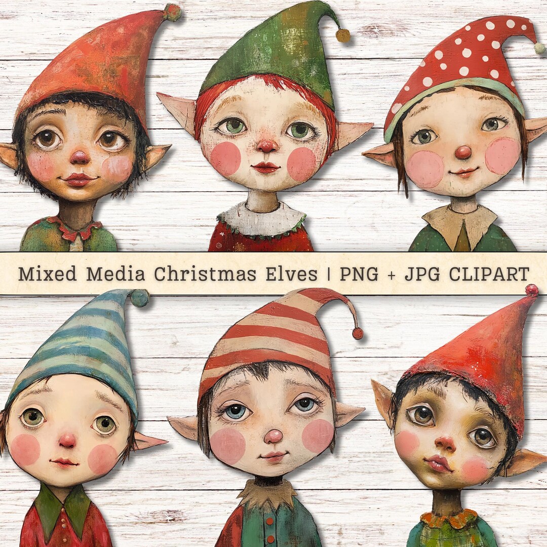 Christmas Elves Clipart, Mixed Media Vintage Collage, Quirky Cute ...