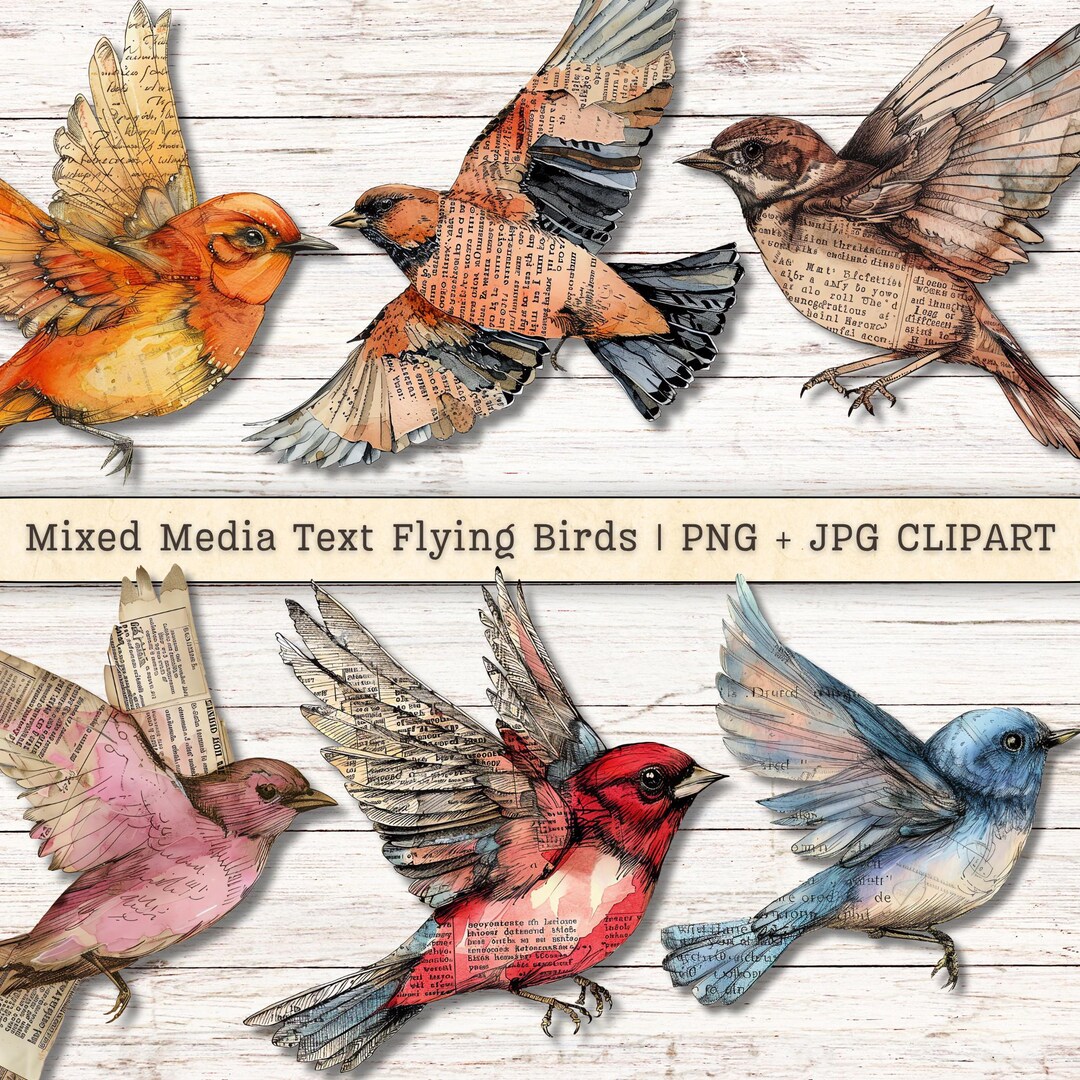 Mixed Media Flying Birds Clipart, Text Watercolor Grunge Distressed PNG ...