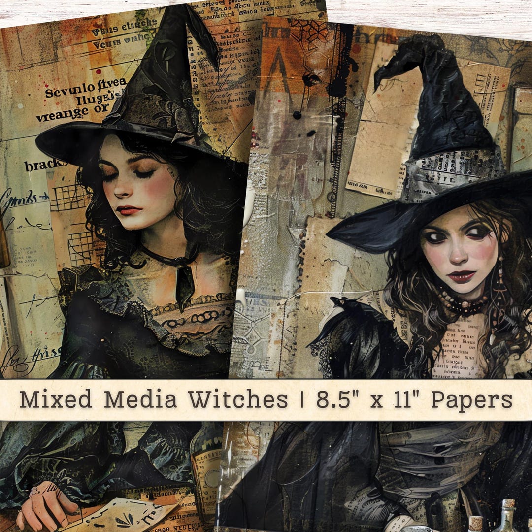 Halloween Witches Clipart Digital Paper, Mixed Media Grunge JPG Instant ...