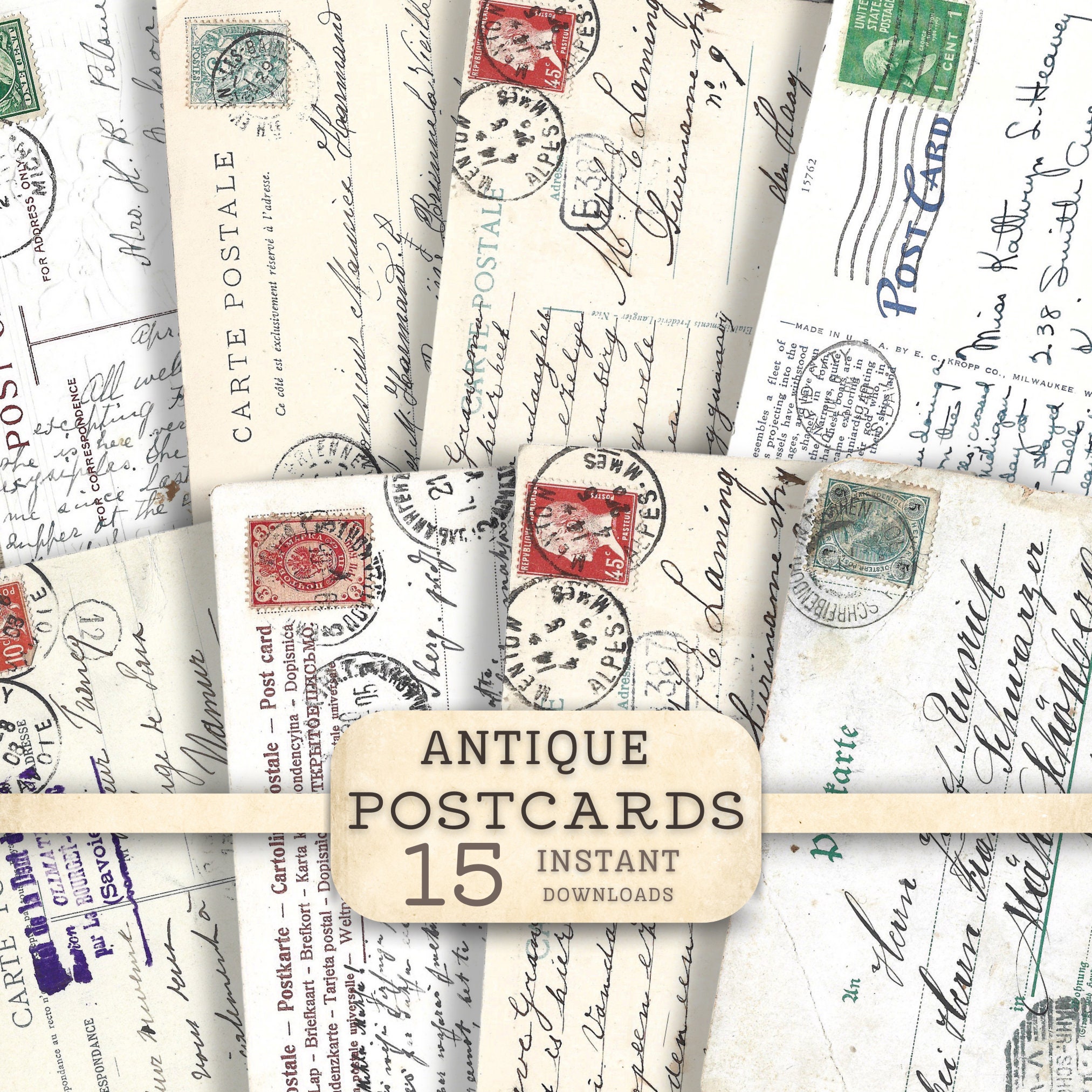Antique Handwritten Postcards Digital Paper, Printable Vintage Junk ...