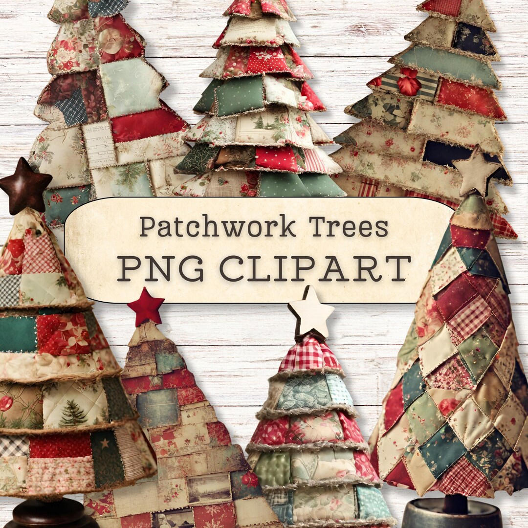 Christmas Clipart, Patchwork Trees, PNG Digital Downloads, Shabby Chic ...