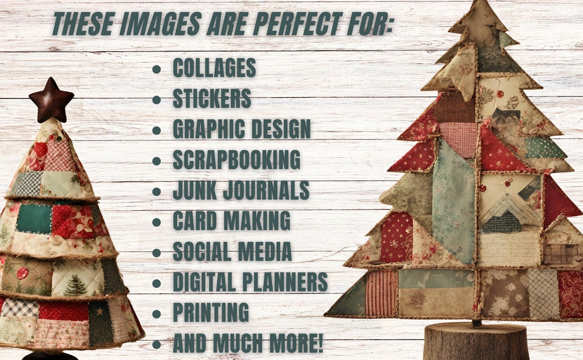 Christmas Clipart, Patchwork Trees, PNG Digital Downloads, Shabby Chic Collage, Scrapbooking ...