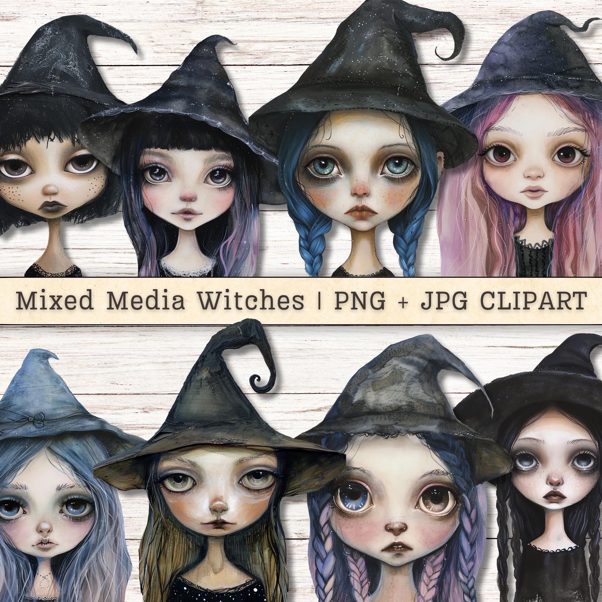 Halloween Witches Clipart, Mixed Media Whimsical PNG JPG Instant ...
