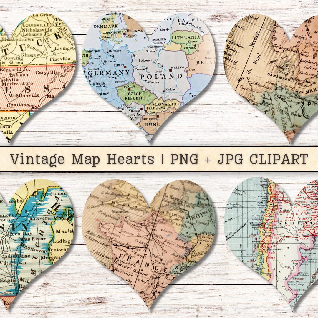 Vintage Map Hearts Clipart, Mixed Media Antique PNG + JPG Instant ...
