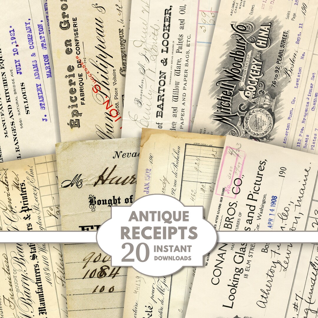 Antique Handwritten Receipts Digital Paper, Printable Vintage Junk ...