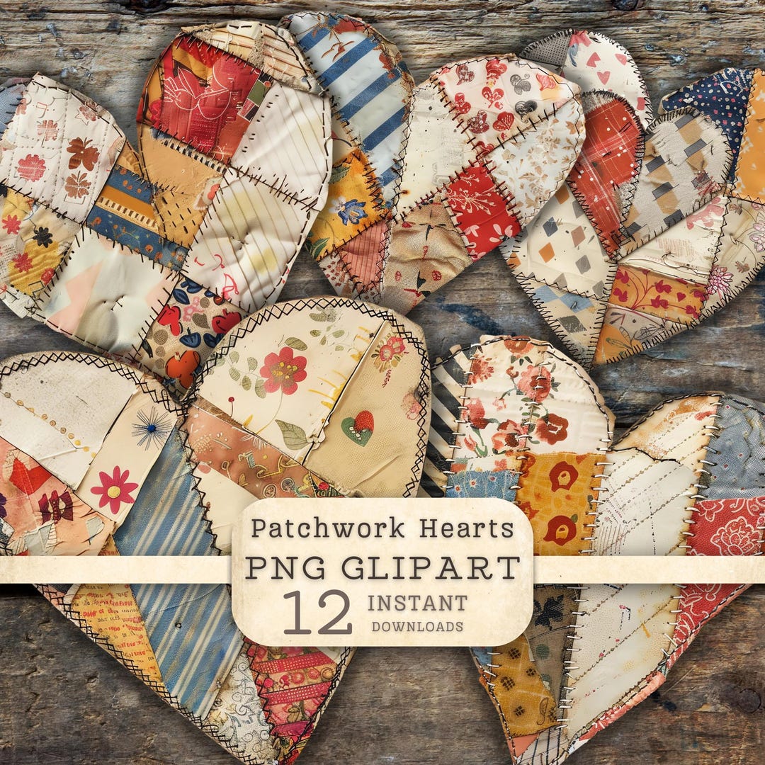 Patchwork Hearts Clipart, Folk Art Sewn PNG Digital Downloads, Threads Vintage Collage ...
