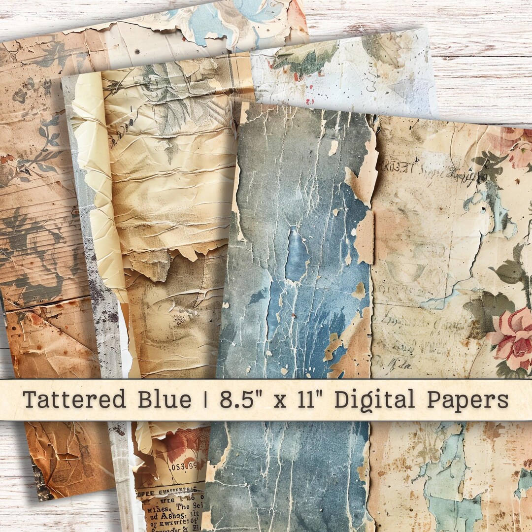 Tattered Blue Digital Paper, Grunge Distressed Printable Pages, Collage ...