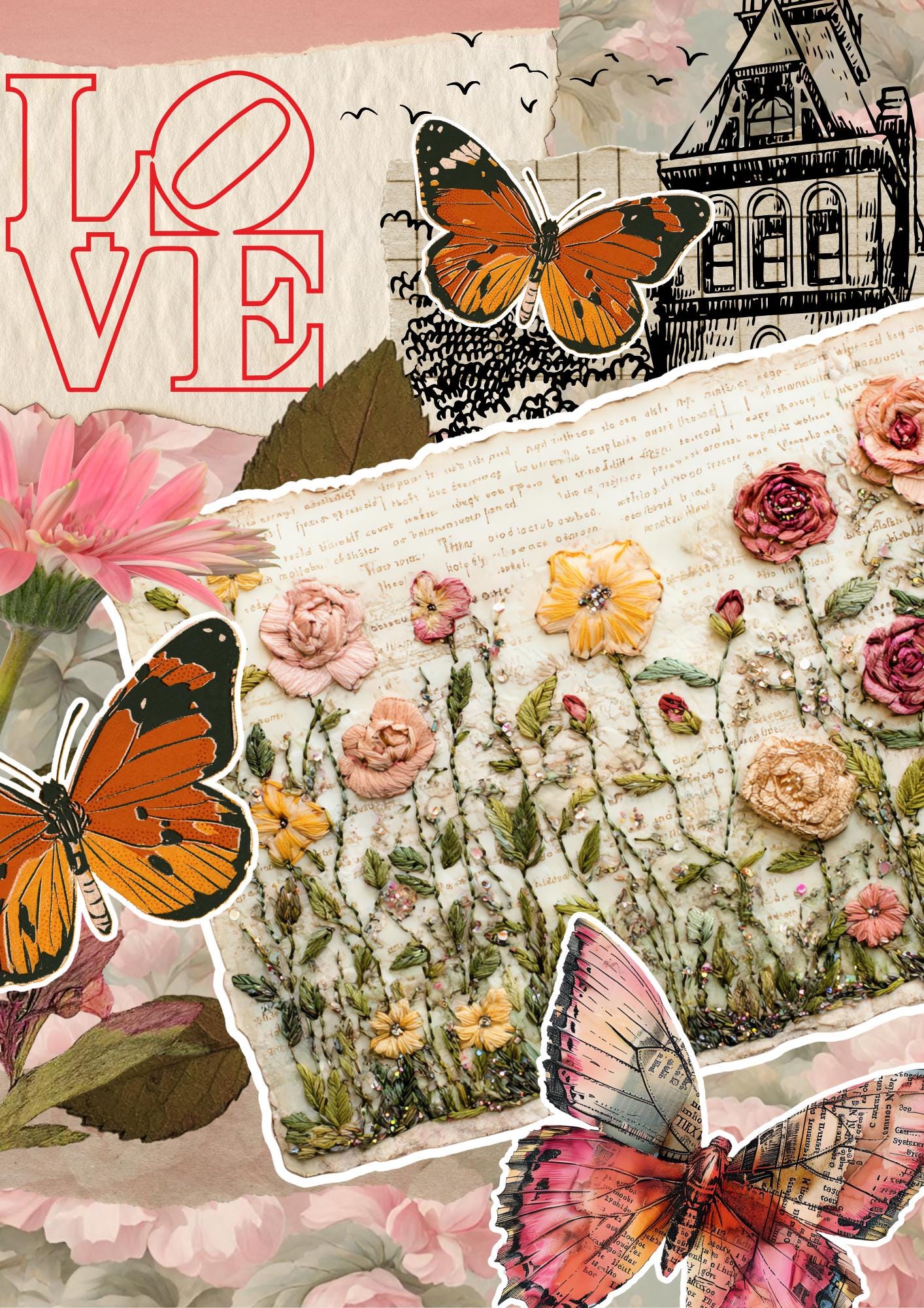 Sewn Rose Garden Postcards, Folk Art Embroidery Ribbon Digital Download ...