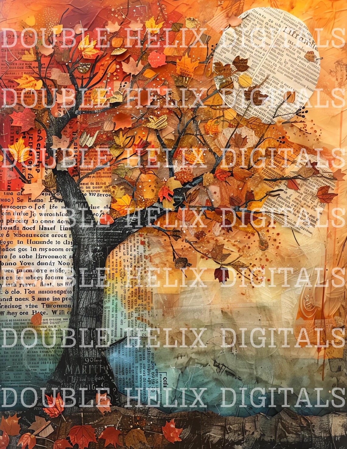 Mixed Media Autumn Trees Fall Clipart Digital Paper, Halloween JPG ...
