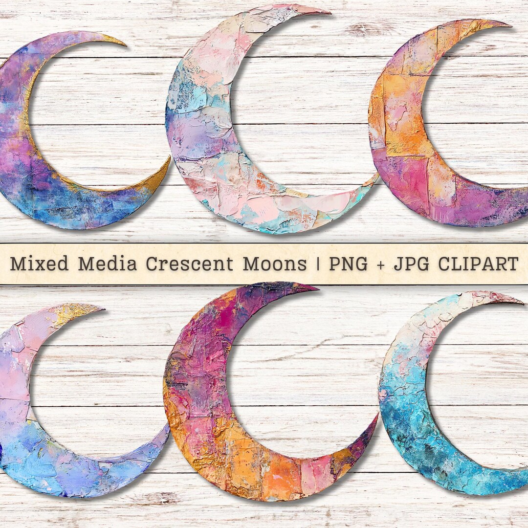 Mixed Media Crescent Moons Clipart, Grunge Paint Texture Distressed ...