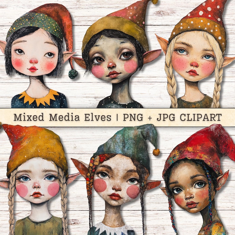 Christmas Elves Clipart, Mixed Media Vintage Collage, Quirky Cute ...