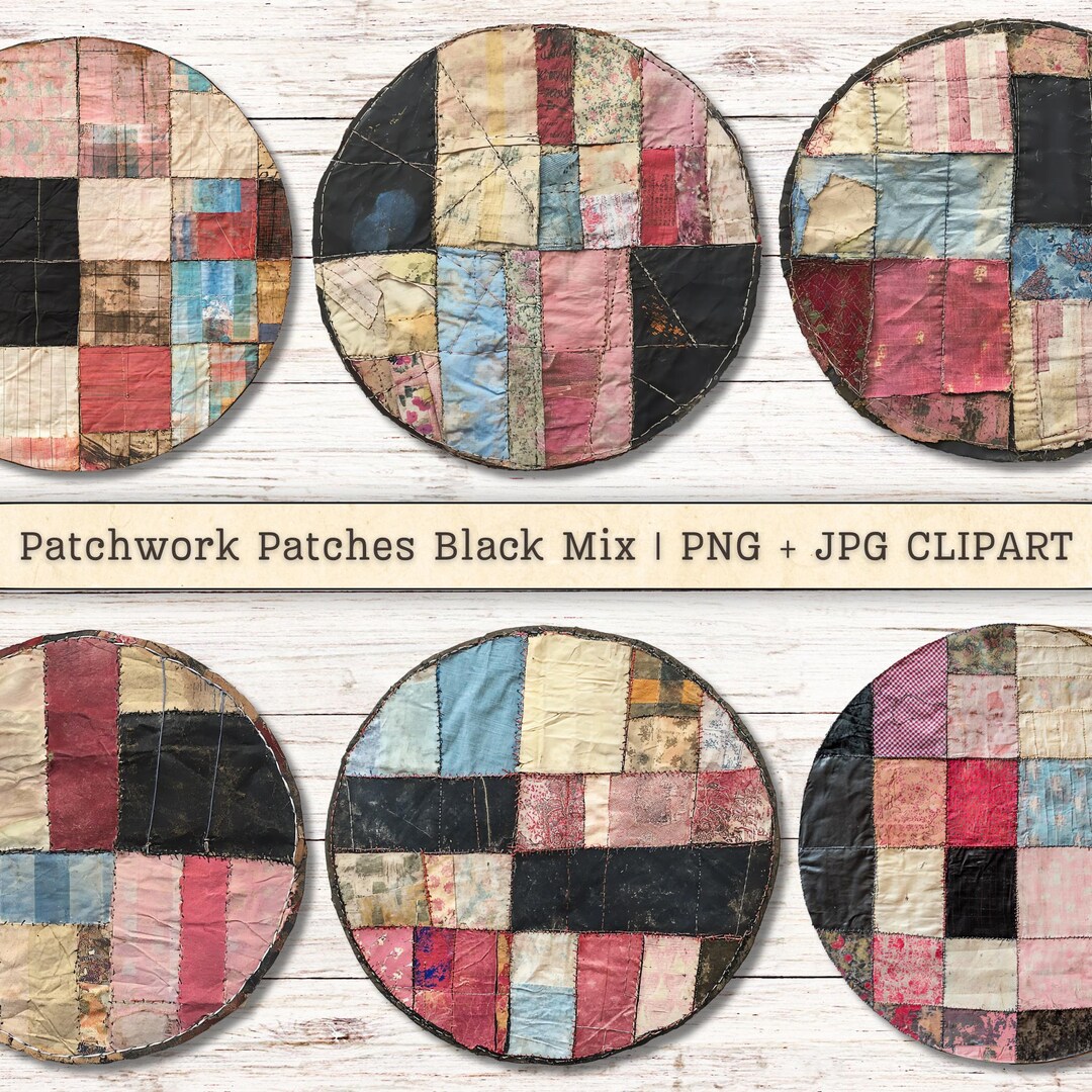 Patchwork Patches Clipart, Folk Art Black Sewn PNG JPG Digital ...