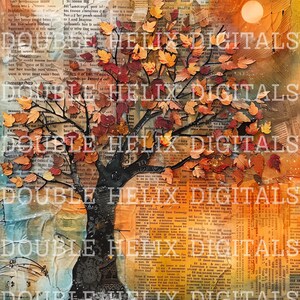 Mixed Media Autumn Trees Fall Clipart Digital Paper, Halloween JPG ...