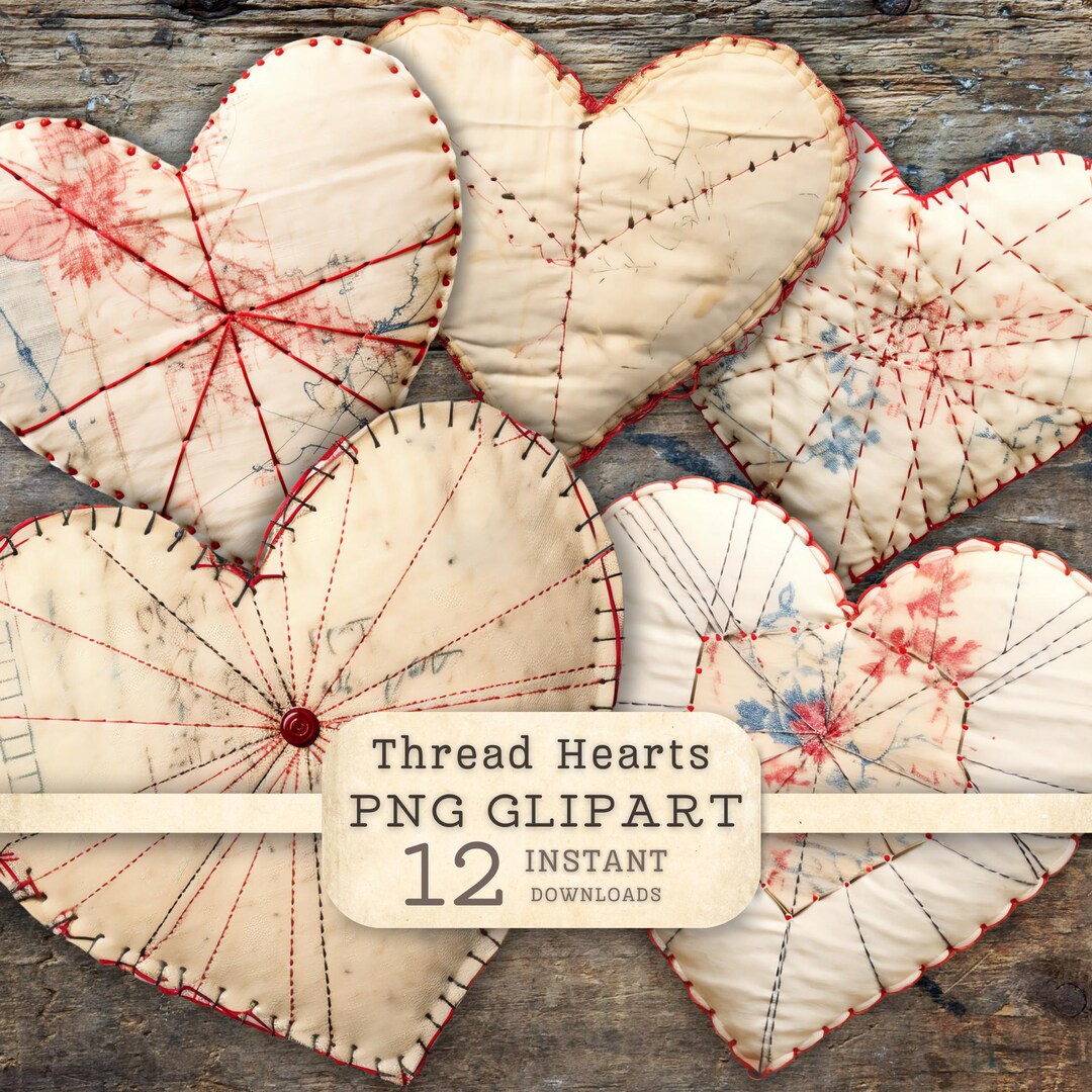 Vintage Thread Hearts Clipart, Hand Sewn Ephemera, Neutral Antique ...