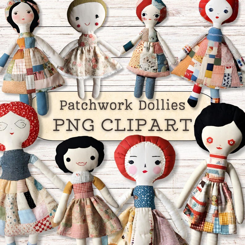 Patchwork Dollies Clipart, PNG Digital Downloads, Shabby Chic Vintage ...