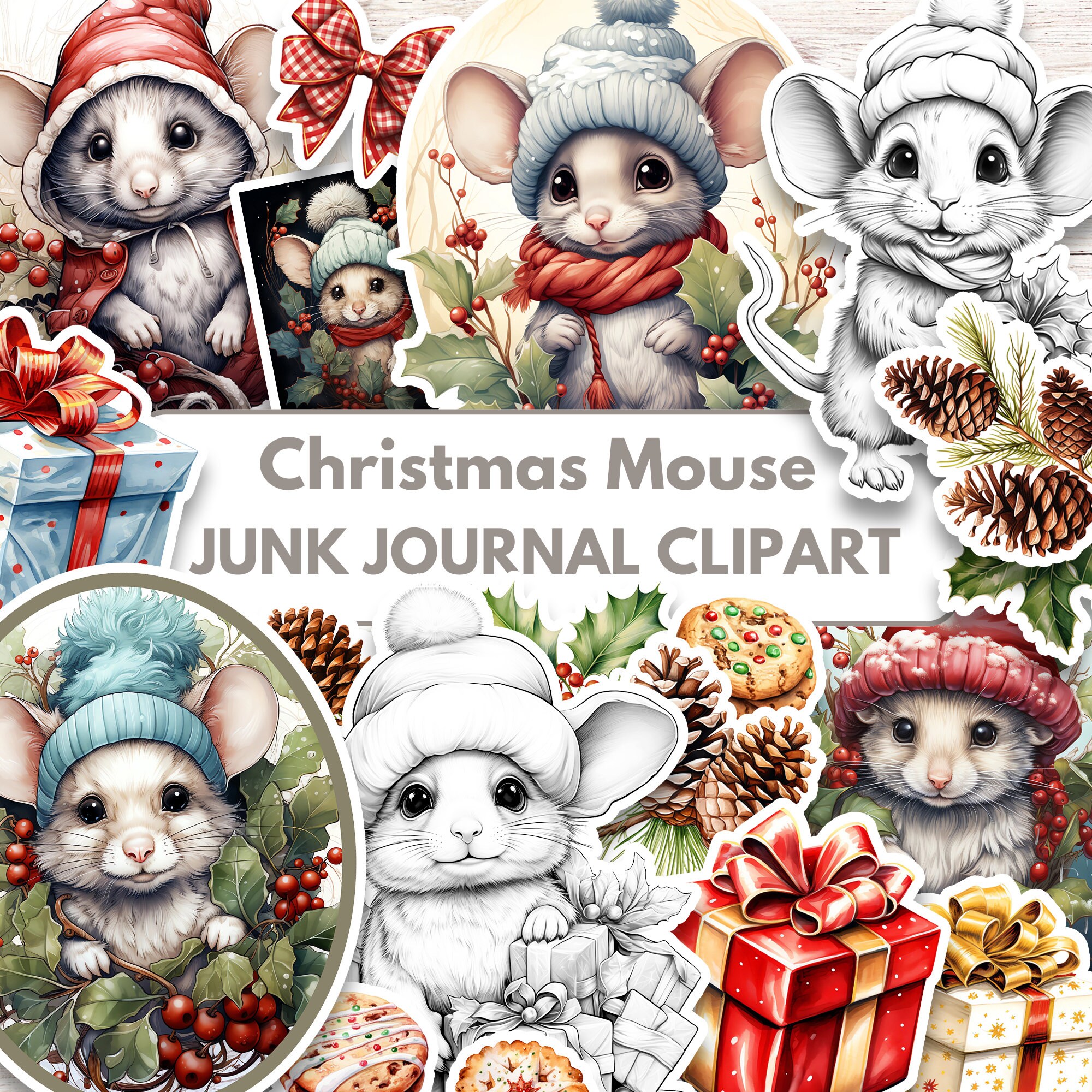 Christmas Junk Journal Clipart, Mice Digital Collage Sheet, Printable ...