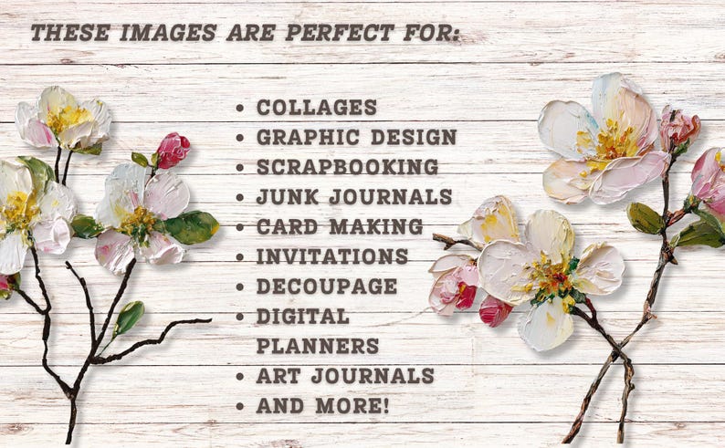 Mixed Media Apple Blossom Branches Clipart, Grunge Texture PNG + JPG ...