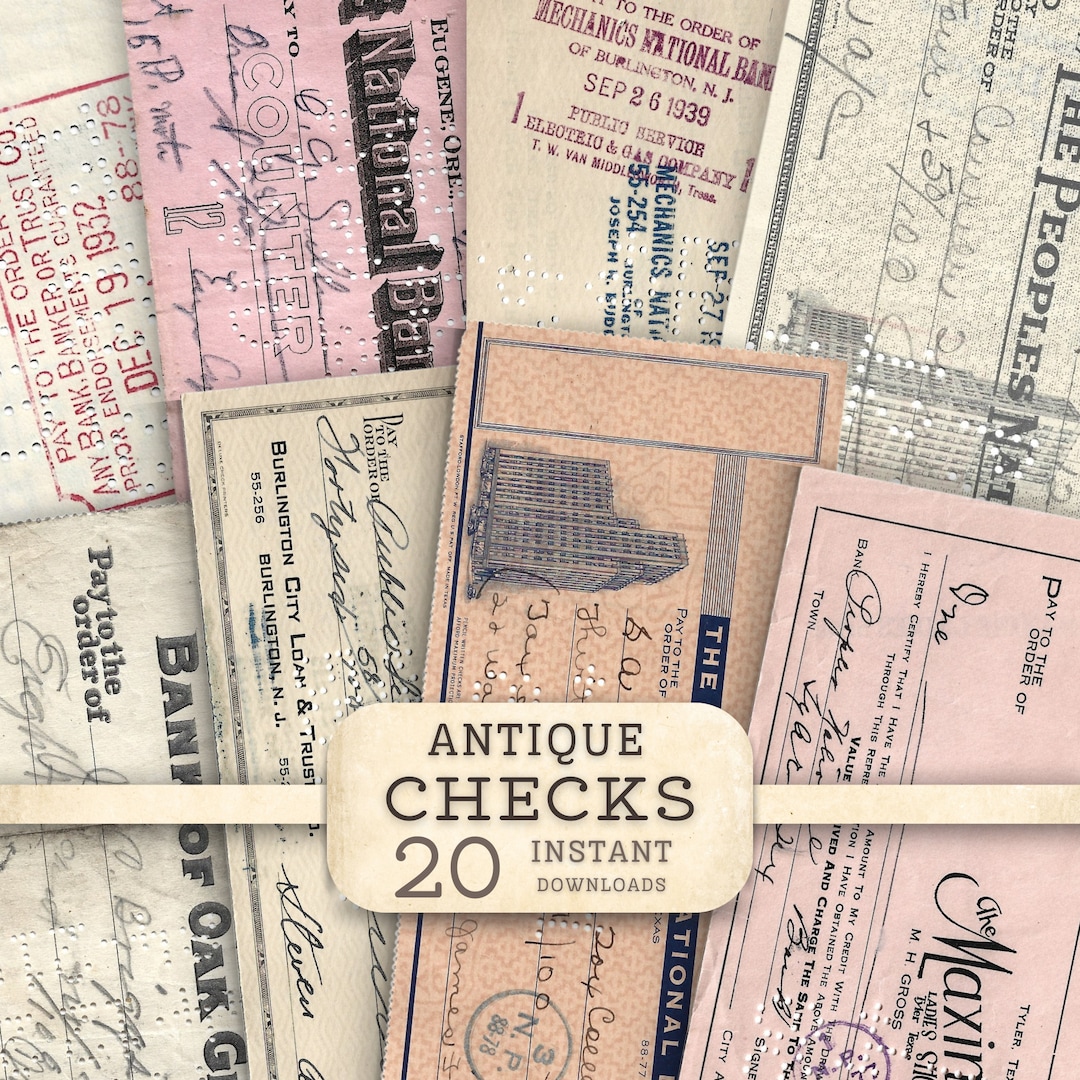 Antique Handwritten Checks Digital Paper, Printable Vintage Junk ...