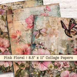 Pink Floral Collage Paper, Antique Vintage Clipart, Junk Journal ...