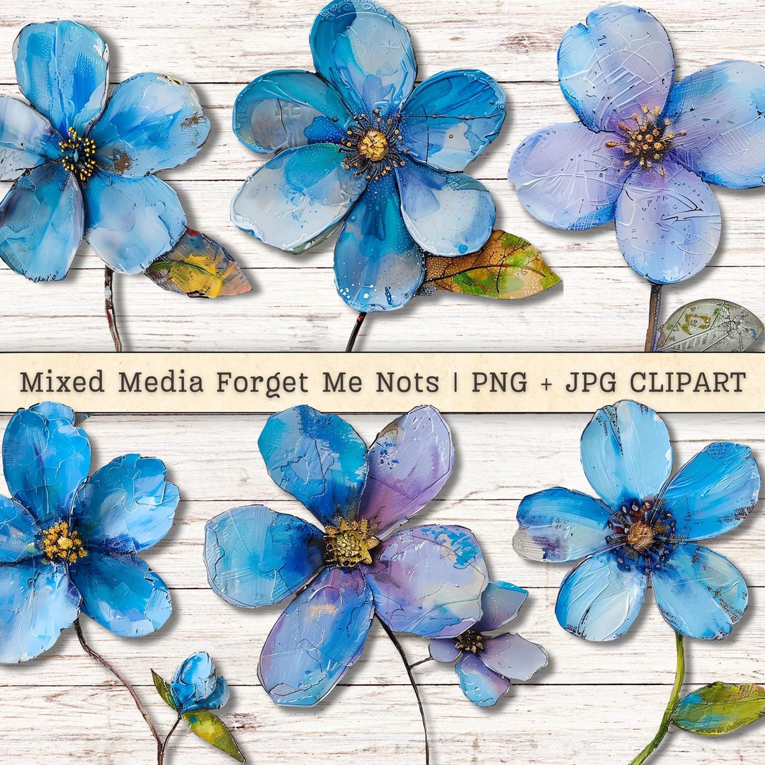 Mixed Media Forget Me Nots Flowers Clipart, Grunge Texture Distressed ...