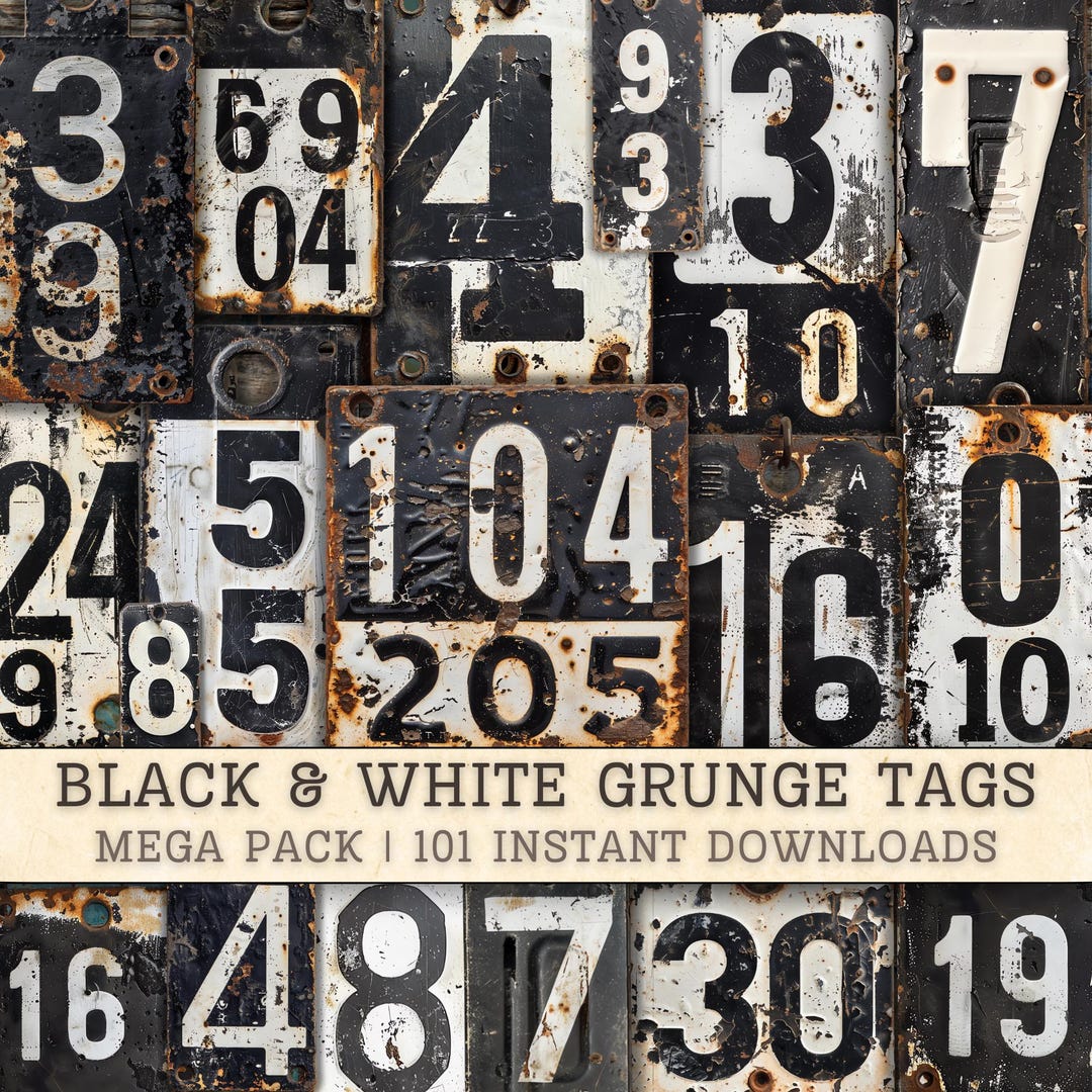 Grunge Industrial Number Tags, Black and White Printable Labels ...