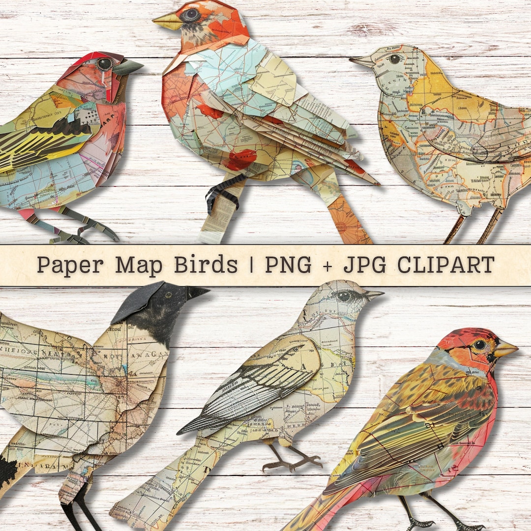 Paper Map Birds Clipart, Mixed Media Antique PNG + JPG Instant ...