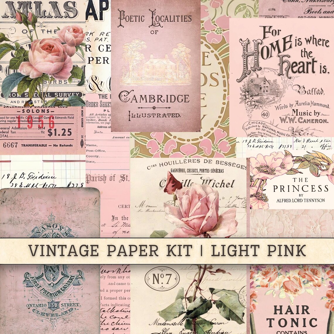 Vintage Paper Kit Light Pink Digital Download, Printable Collage Sheets ...