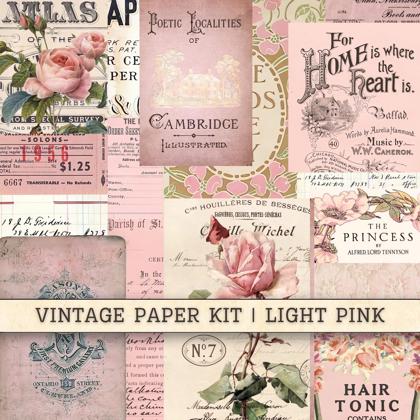 Vintage Paper Kit Light Pink Digital Download, Printable Collage Sheets ...