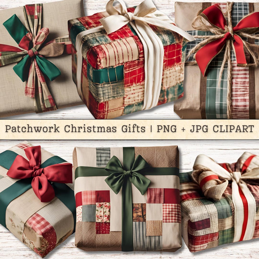 Christmas Gifts Clipart, Patchwork Rustic Digital Instant Download ...