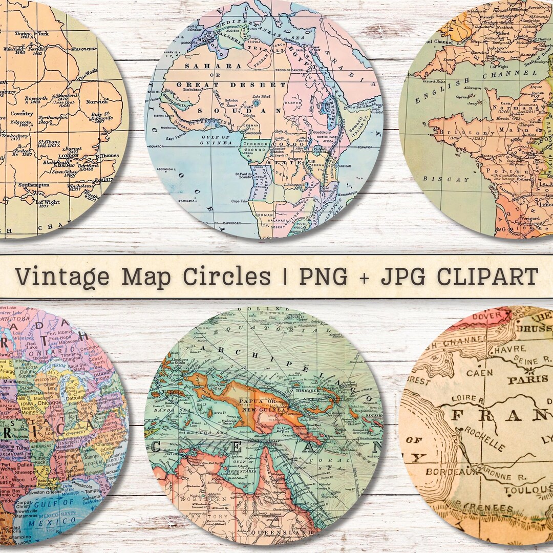 Vintage Map Circles Clipart, Mixed Media Antique PNG + JPG Instant ...