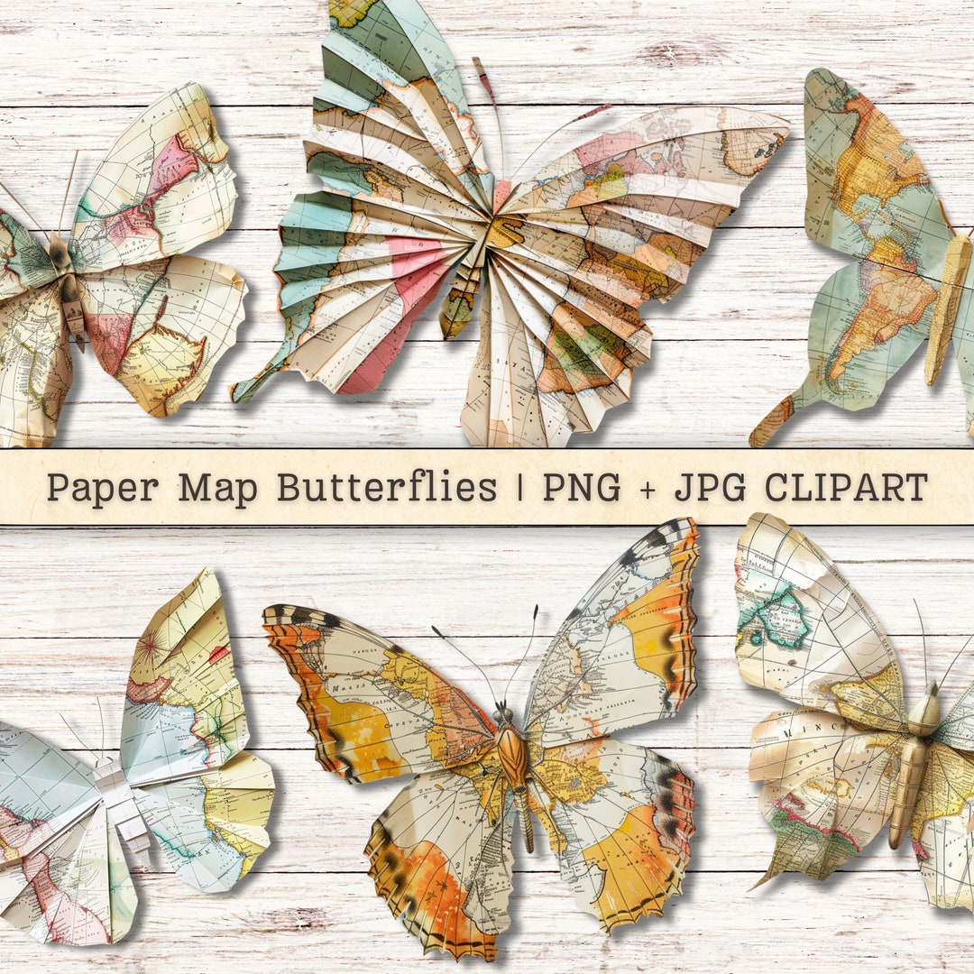 Paper Map Butterflies Clipart, Mixed Media Antique PNG + JPG Instant ...