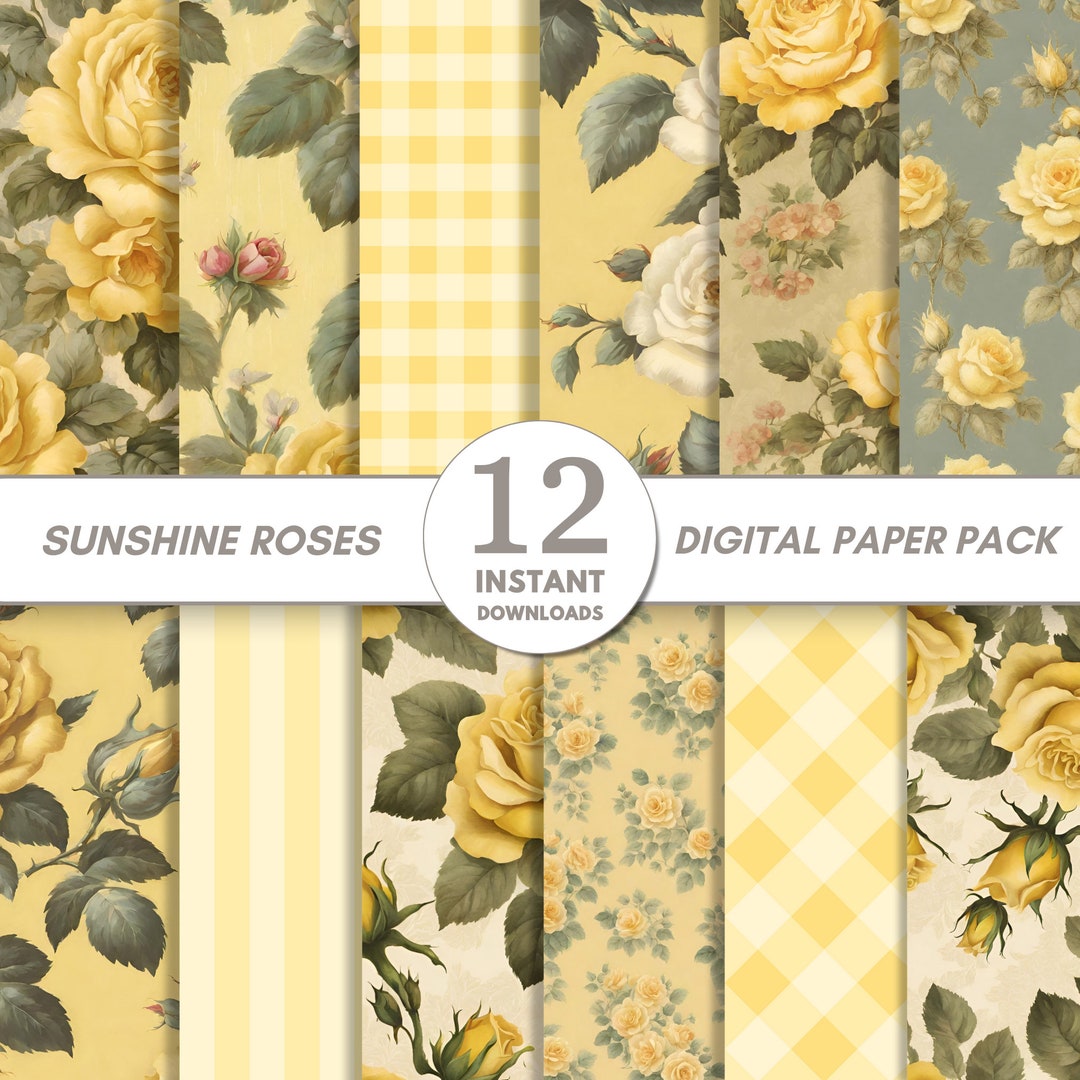 Vintage Digital Paper, Sunshine Roses Yellow Shabby Chic Paper Pack ...