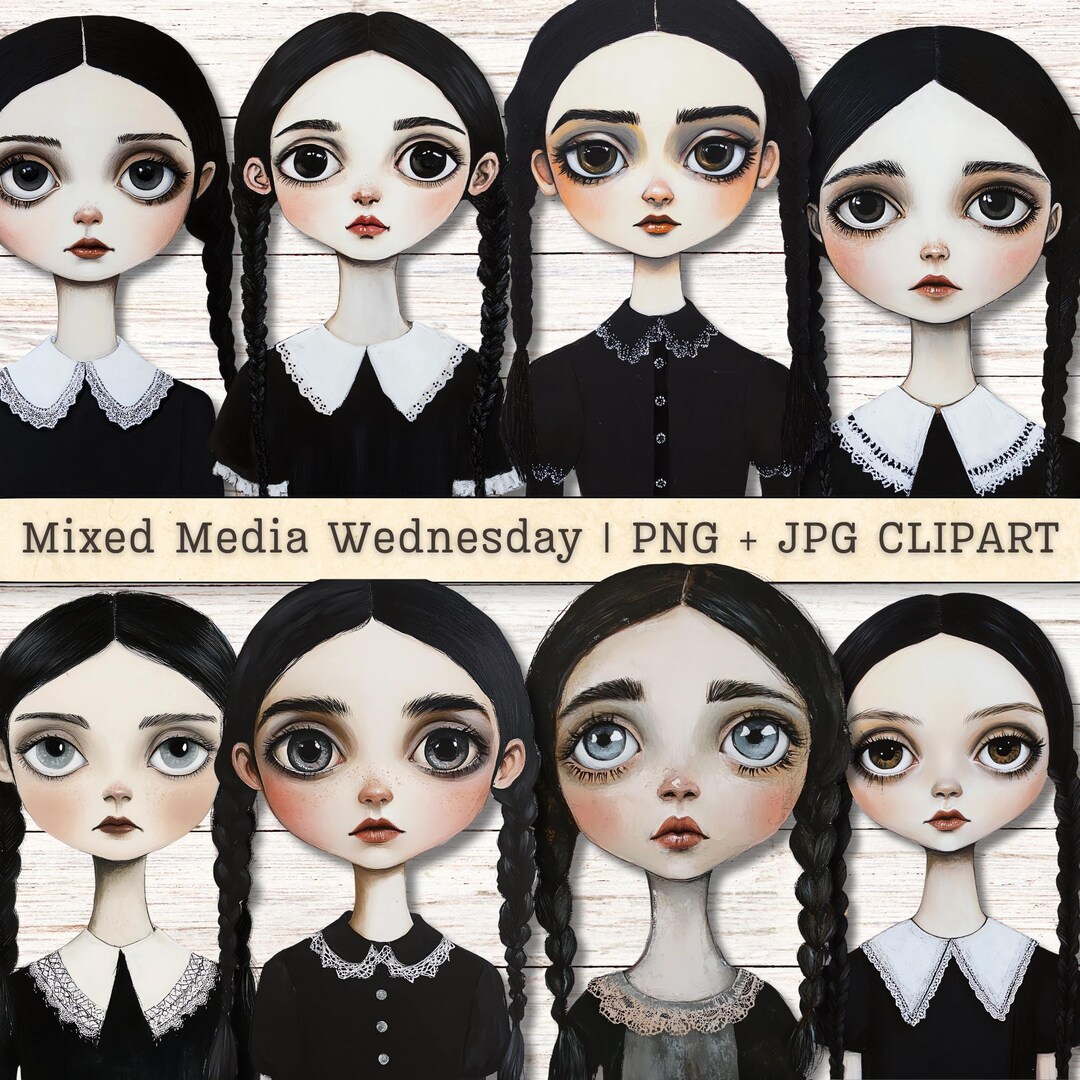 Halloween Wednesday Addams Clipart, Mixed Media Whimsical PNG + JPG ...