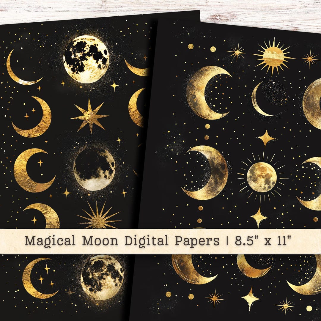 Magical Moon Clipart Digital Papers, Mixed Media Halloween JPG Instant ...