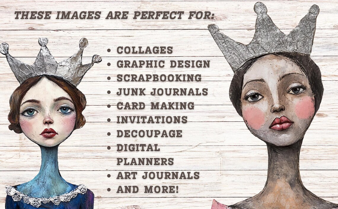 Mixed Media Queens Clipart, Silver Crowns, Grunge Texture Distressed ...