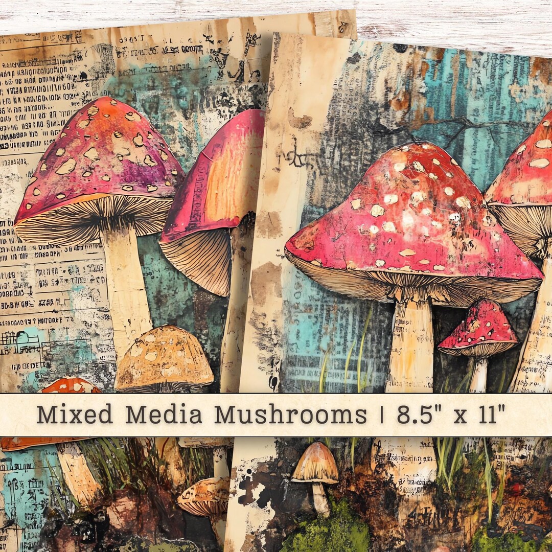 Mixed Media Mushrooms Collage Paper, Antique Grunge Clipart, Colorful ...