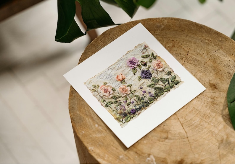 Sewn Rose Garden Postcards, Folk Art Embroidery Ribbon Digital Download ...