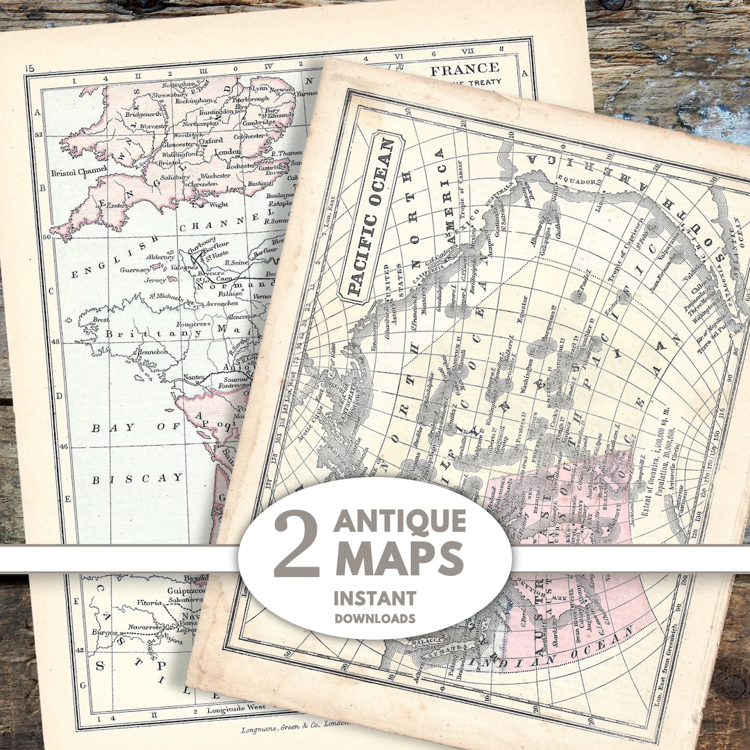 2 Antique Maps Scans, Digital Paper, Printable Vintage Junk Journal ...
