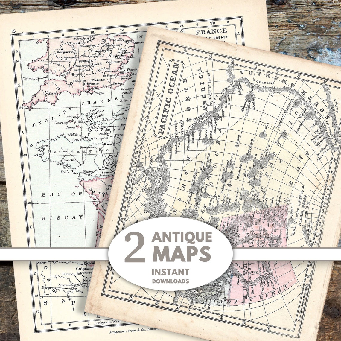 2 Antique Maps Scans, Digital Paper, Printable Vintage Junk Journal ...