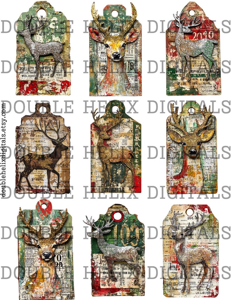 Reindeer Christmas Tags, Mixed Media Grunge Texture Collage Sheets ...
