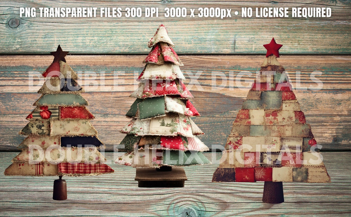 Christmas Clipart, Patchwork Trees, PNG Digital Downloads, Shabby Chic ...