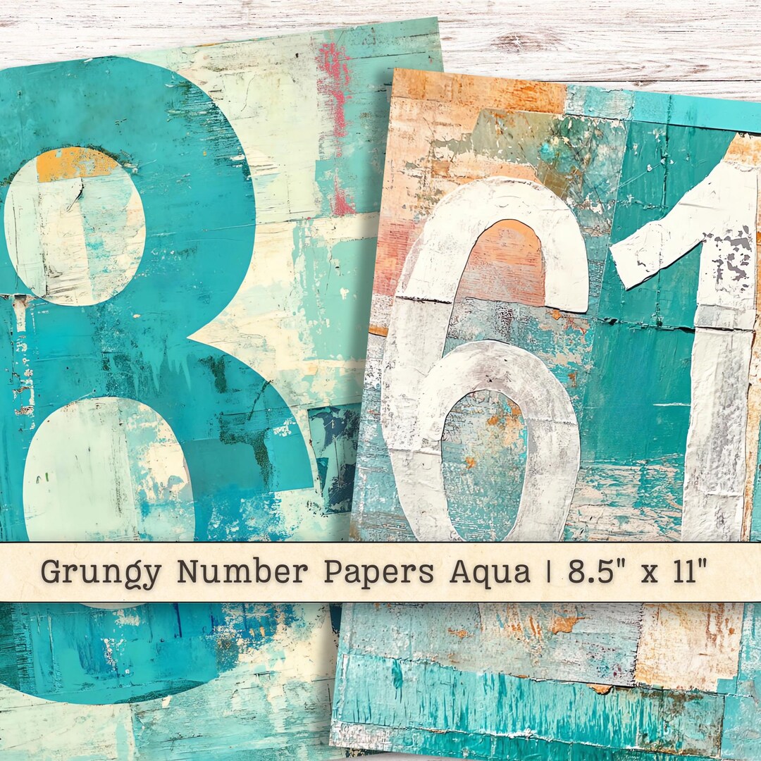 Grungy Number Digital Paper, Aqua Blue Printable Downloads, Collage ...