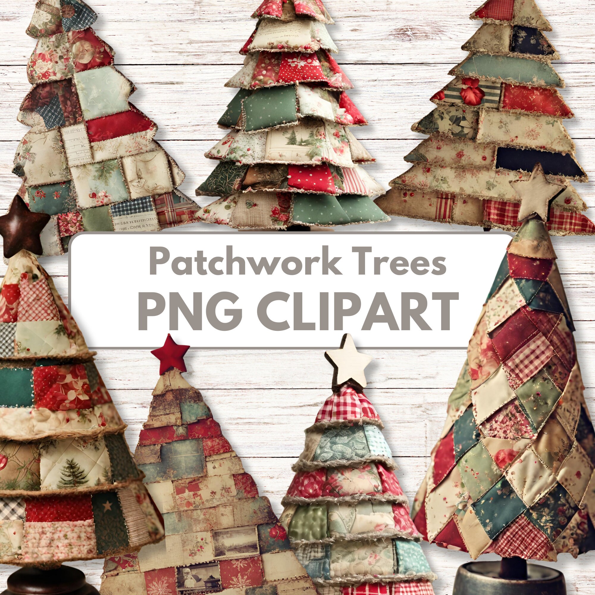 Christmas Clipart, Patchwork Trees, PNG Digital Downloads, Shabby Chic ...