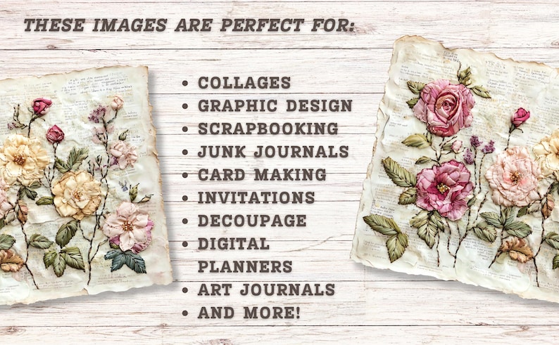 Sewn Rose Garden Postcards, Folk Art Embroidery Ribbon Digital Download ...