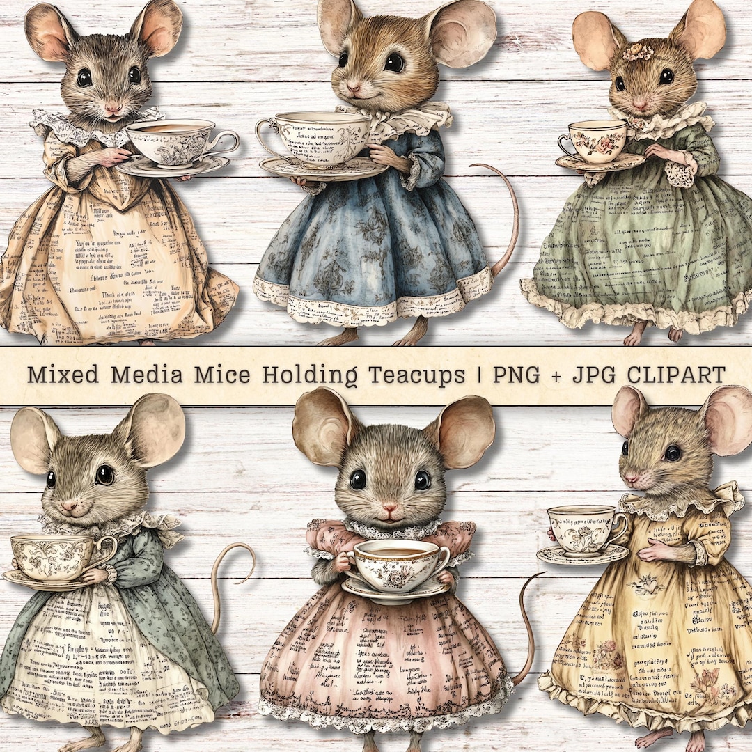 Mixed Media Mice Holding Teacups Clipart, Text Tea Party Victorian PNG ...