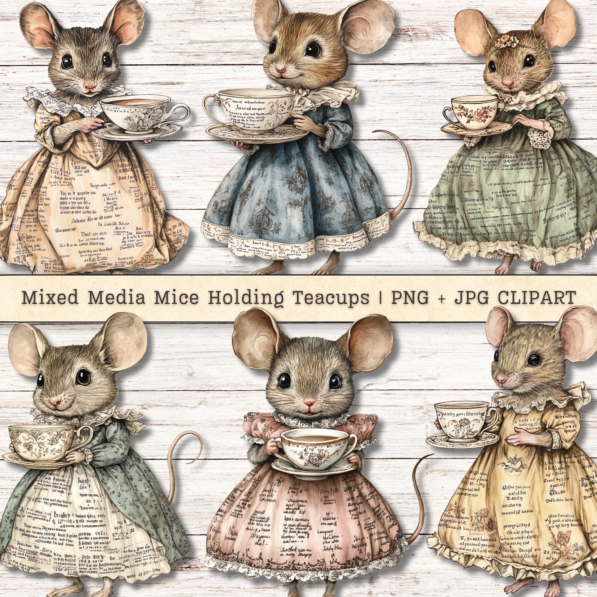 Mixed Media Mice Holding Teacups Clipart, Text Tea Party Victorian PNG ...