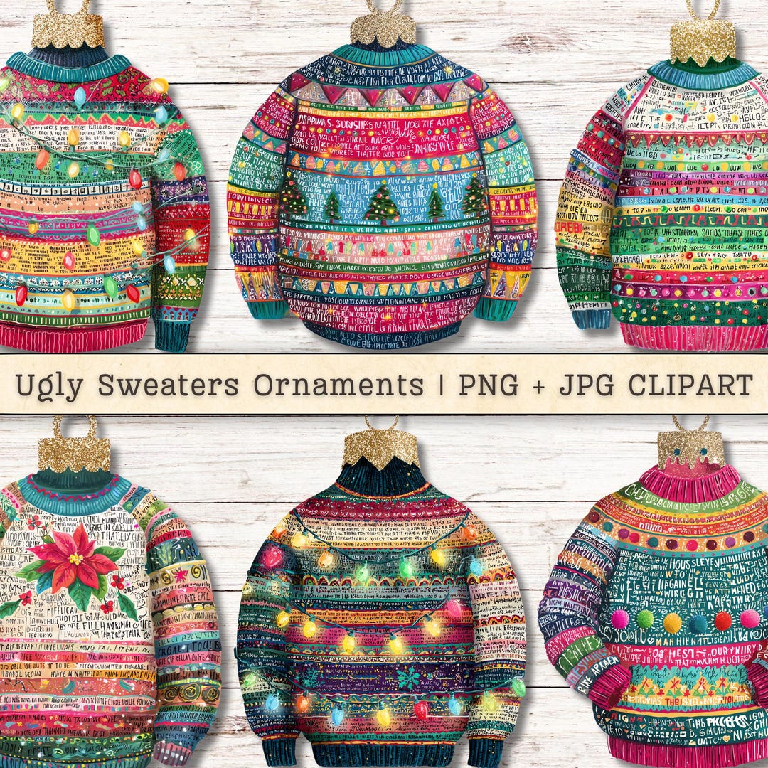 Christmas Ugly Sweaters Ornaments Clipart, Mixed Media Lights, Instant ...