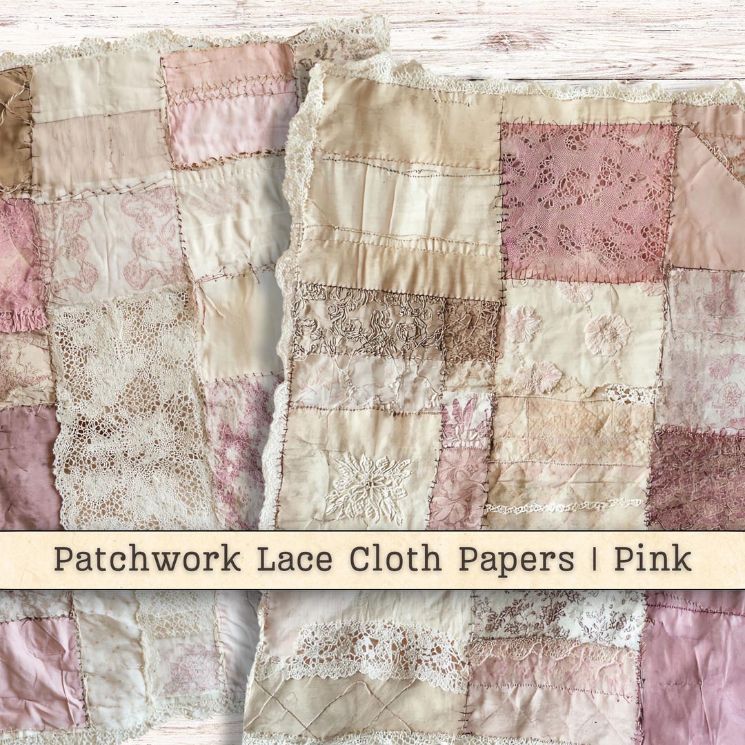 Patchwork Lace Cloth Digital Paper, Sewn Silk Thread Mixed Media Pink ...